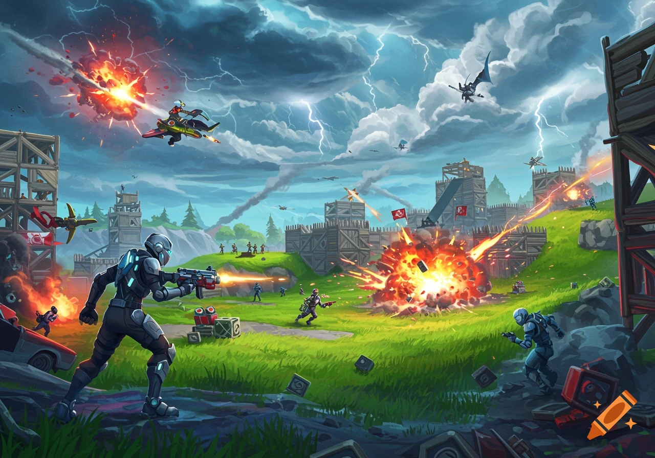 A vibrant, stylized battle scene with futuristic soldiers in a natural ...