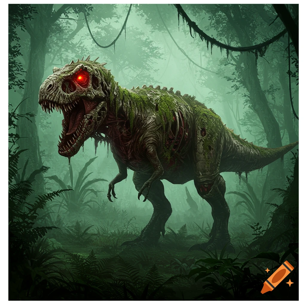 A cartoon zombie T-rex with one eye bulging and discolored skin, stands ...