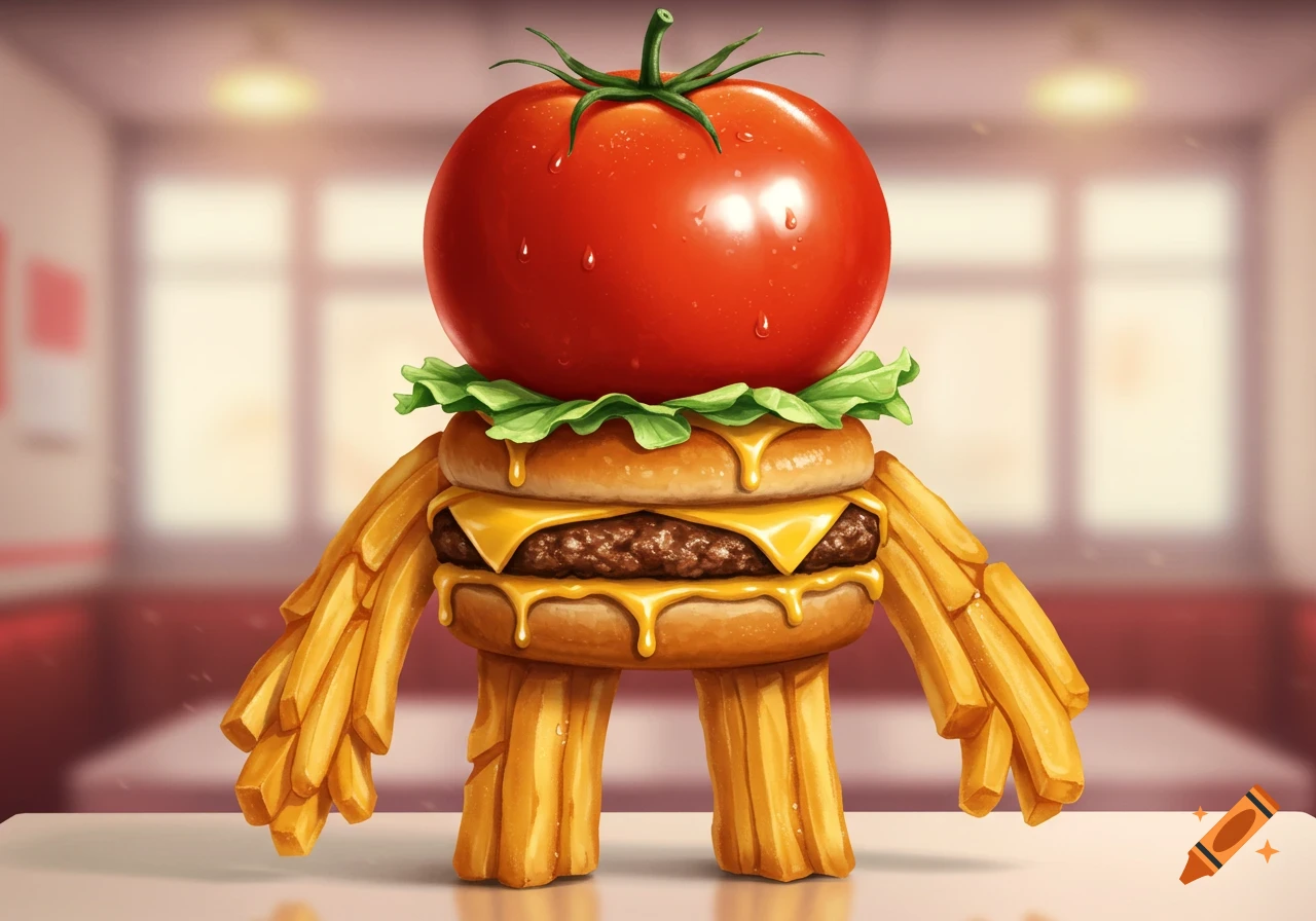 Stylized creature with a tomato head, hamburger body, and french fry ...