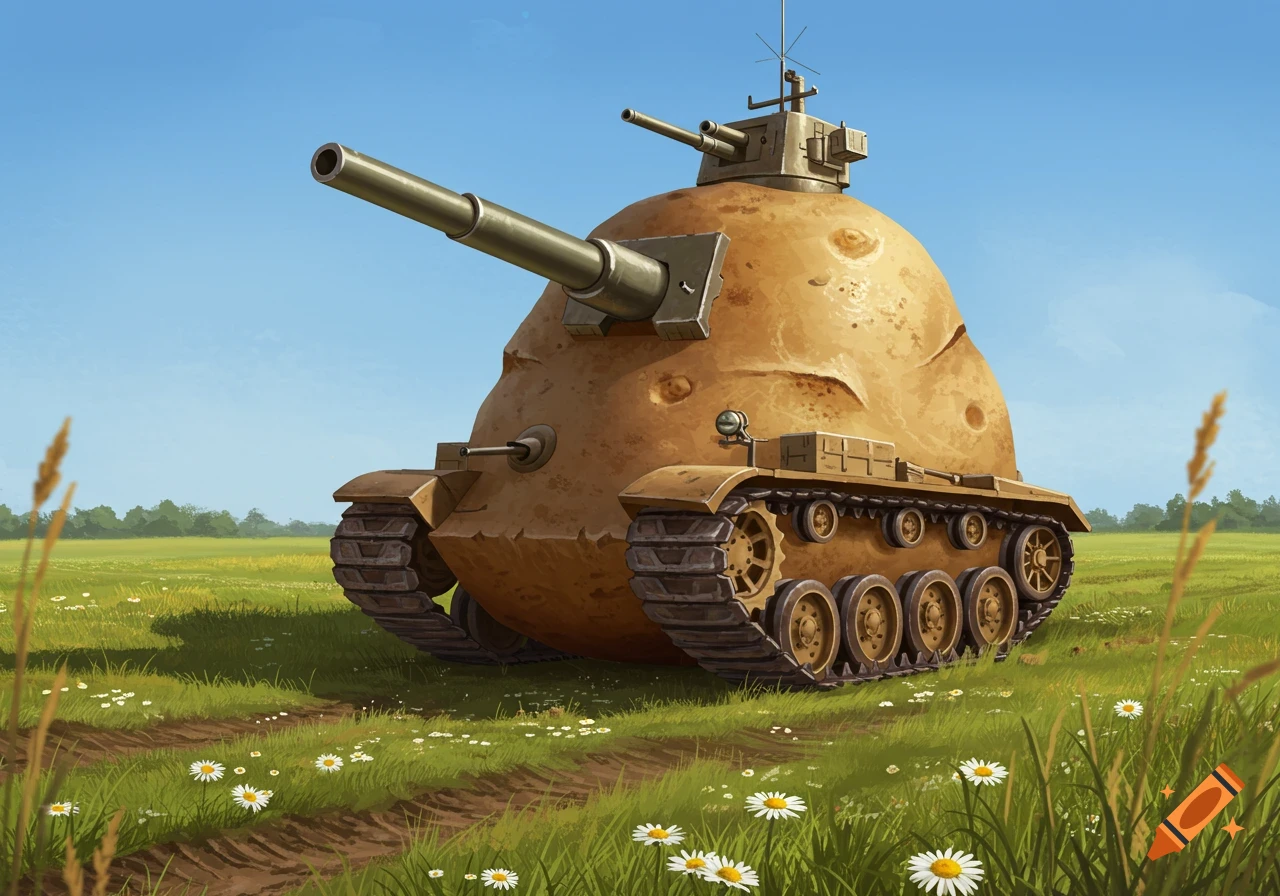 An illustration of a tank made of golden hay, standing in a sunny wheat ...