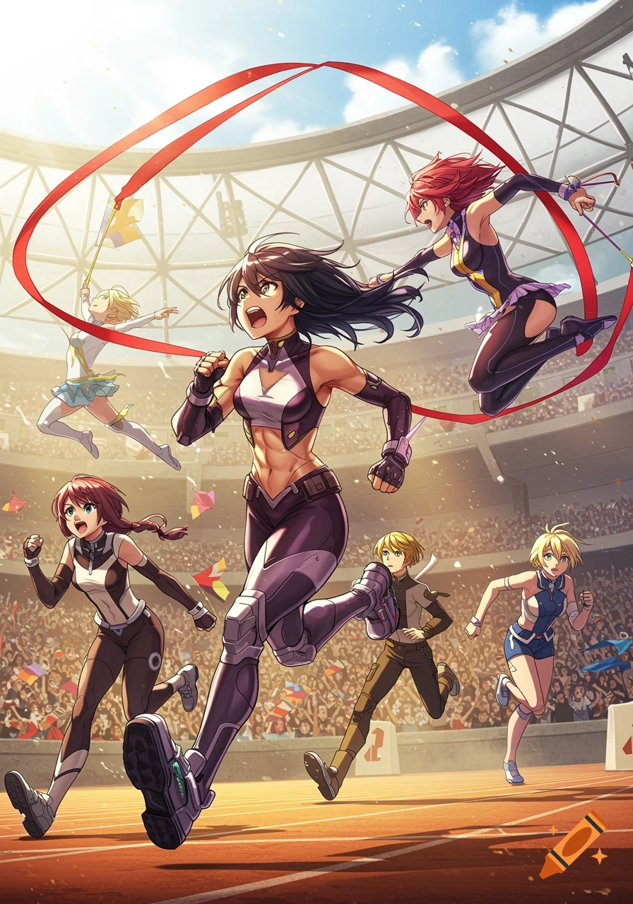 Anime women athletes run on a track in a stadium, with one holding a ...