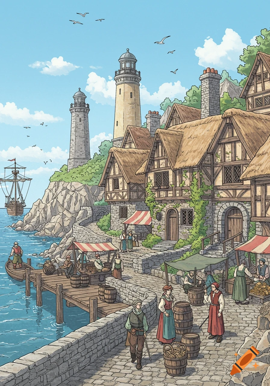 A vibrant medieval city with a castle on a hill overlooking a bay with ...