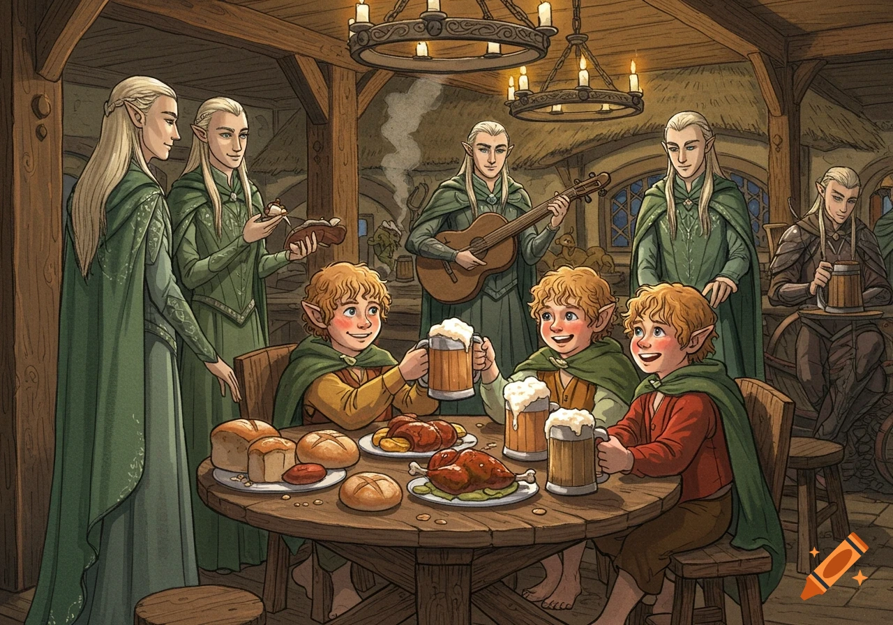 Hobbits and Elves feast and drink in a lively Shire tavern, with one ...