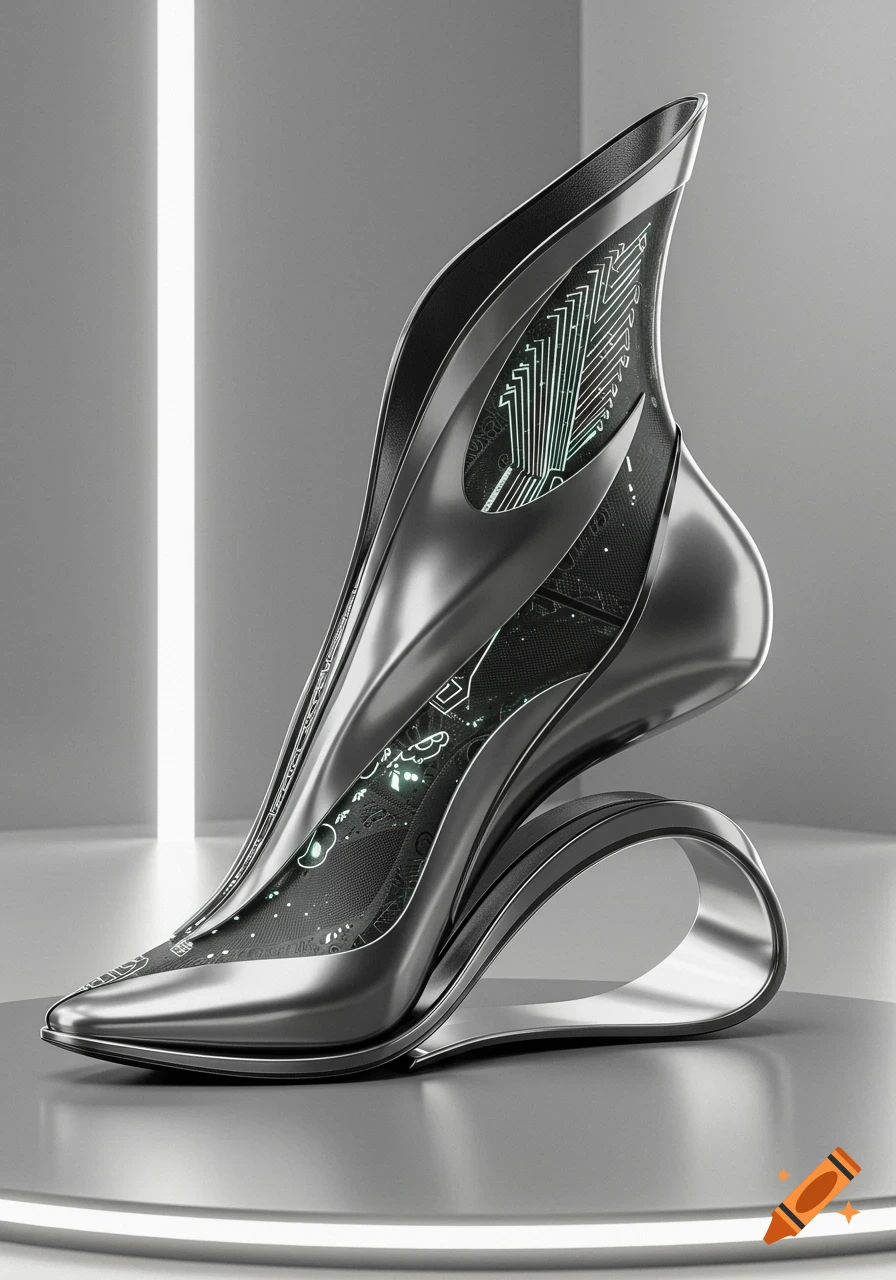 A sleek, metallic, futuristic high-heeled shoe with glowing green ...