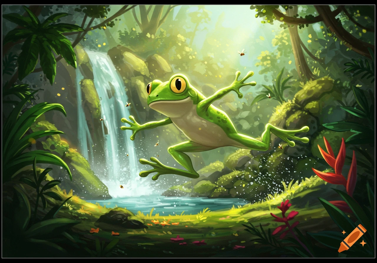 A cartoon frog stands on a lily pad in a pond at night, playing a ...