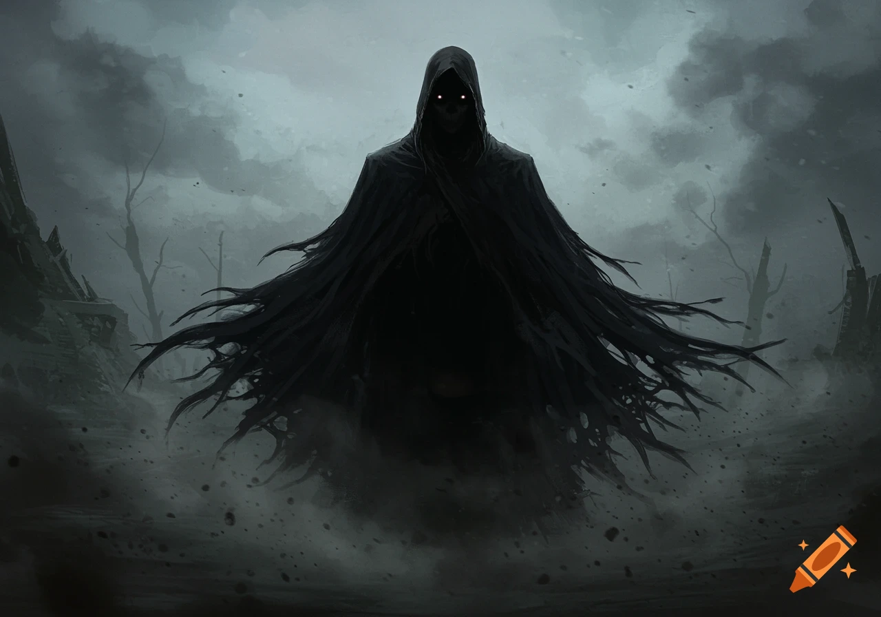 A dark, slender, humanoid figure with glowing white eyes stands in a ...