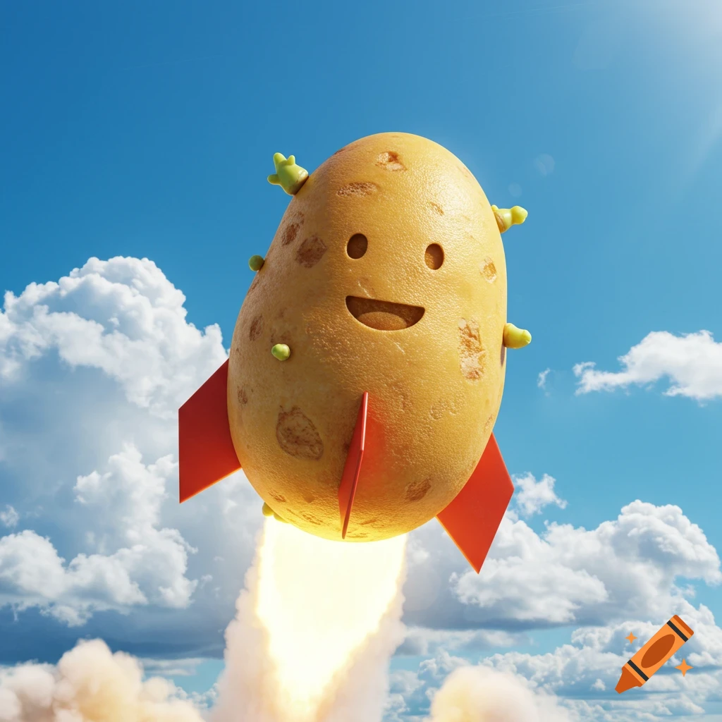 A cute cartoon potato with a smiley face and green sprouts, shaped like ...