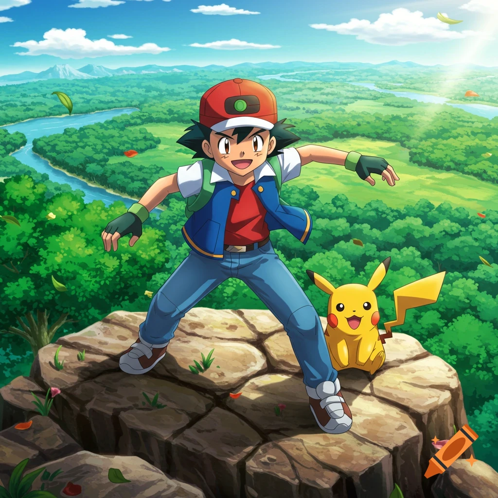 Ash Ketchum from Pokémon, dressed in his iconic outfit, smiles and ...