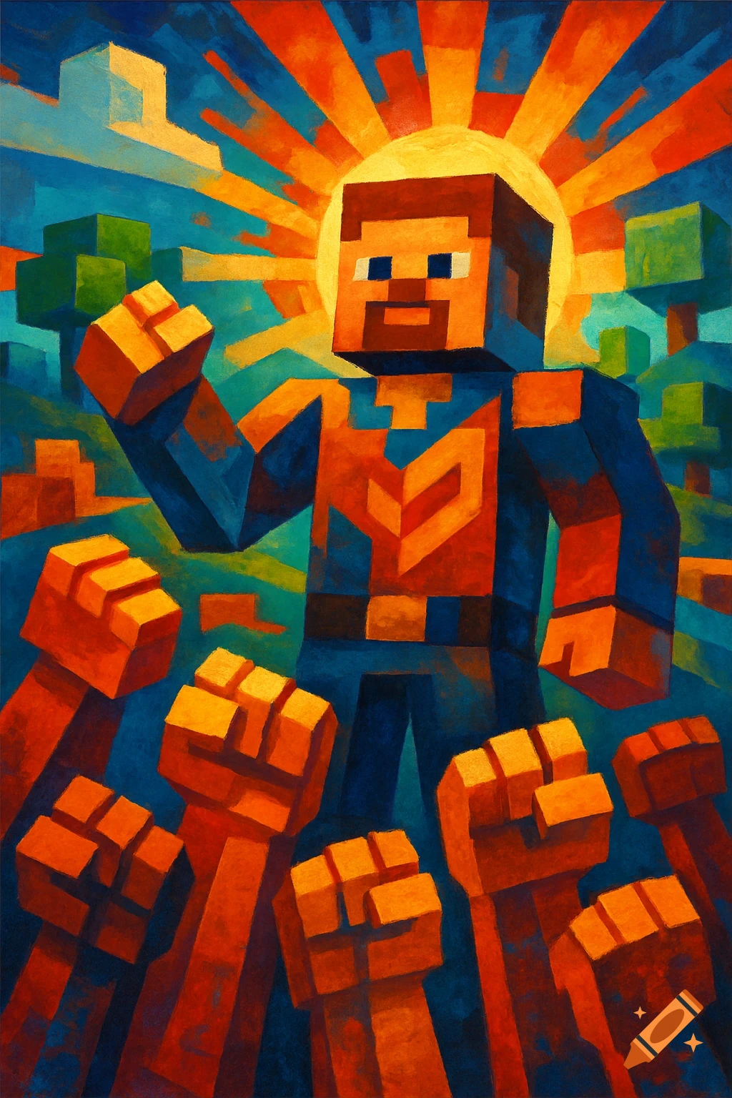 A pixelated character in a tie-dye shirt stands in a vibrant, lush jungle with orchids and ...