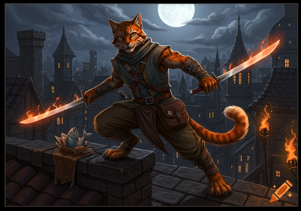 A hooded rogue in dark armor with a dagger crouches on a medieval ...