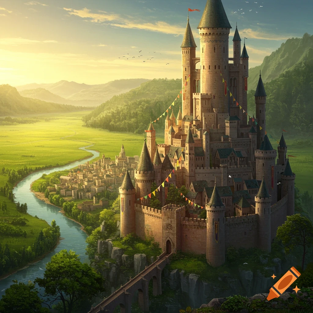 A majestic medieval fantasy castle on a hill overlooking a winding ...