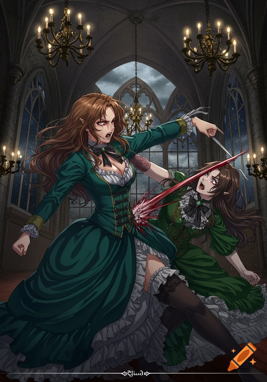 An anime-style illustration depicts a vampire woman in a green dress ...