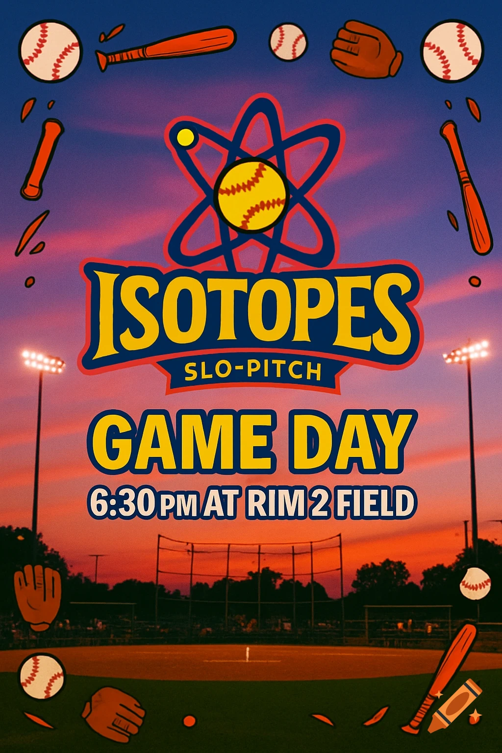 Game day poster for Isotopes slo-pitch, with a baseball field at sunset ...