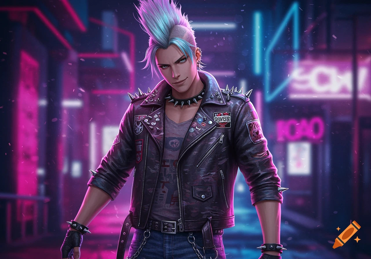 A punk person with a bright pink mohawk and a spiked leather jacket ...
