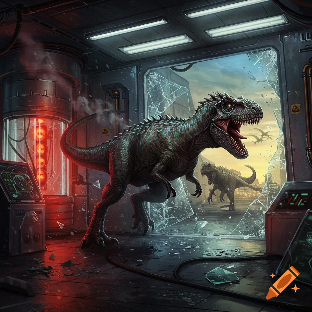 A large, fierce dinosaur bursts through a broken window in a sci-fi lab ...