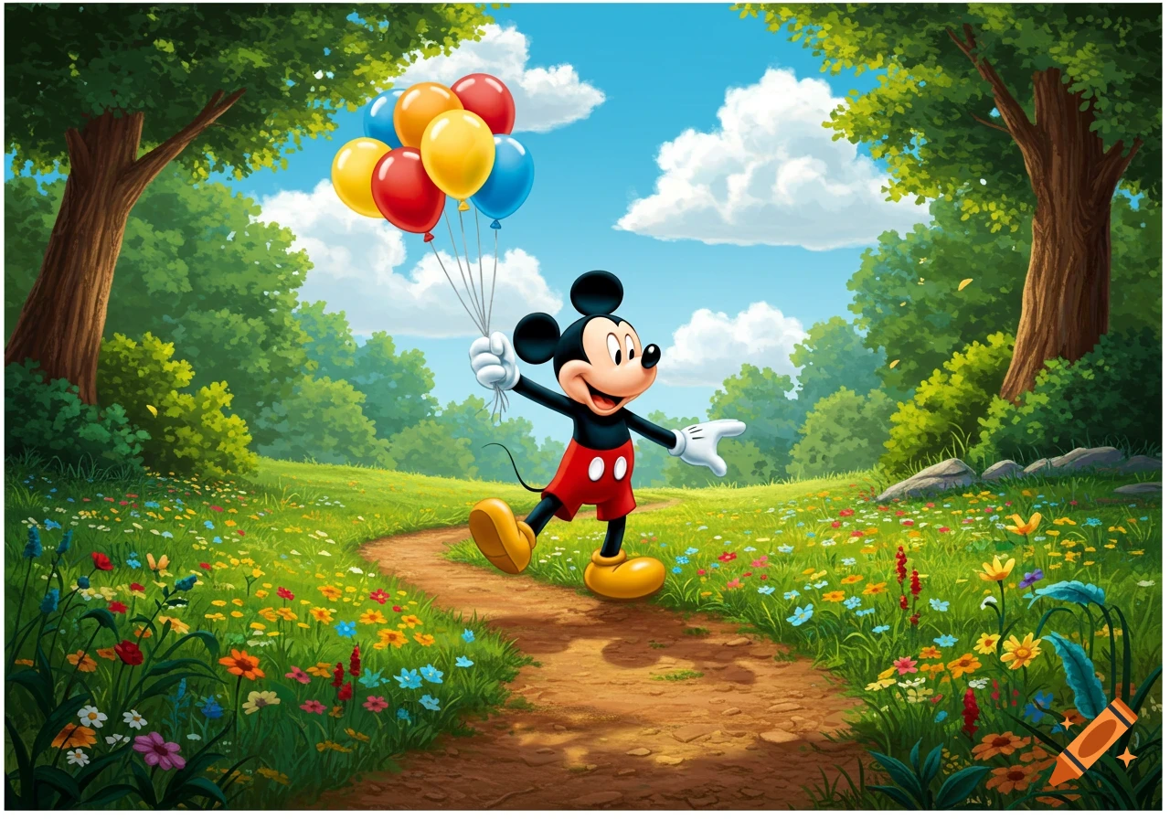 Cartoon Mickey Mouse holds a red umbrella on a winding path through a ...