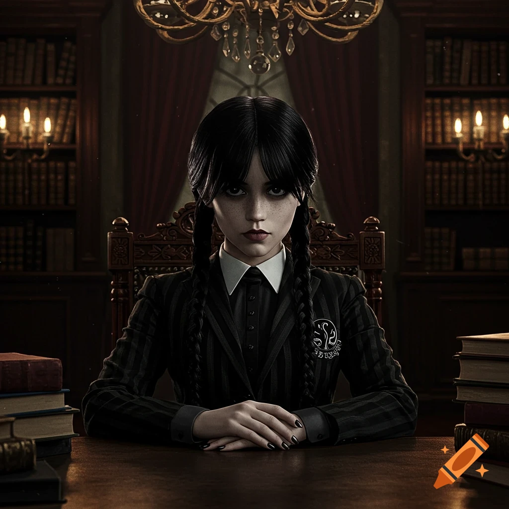 Wednesday Addams sits at a wooden desk in a dimly lit library, wearing ...