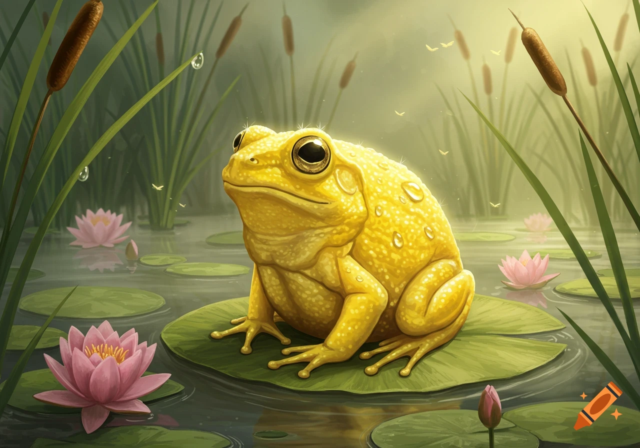 Kermit the Frog sits on a lily pad in a serene pond with pink water ...