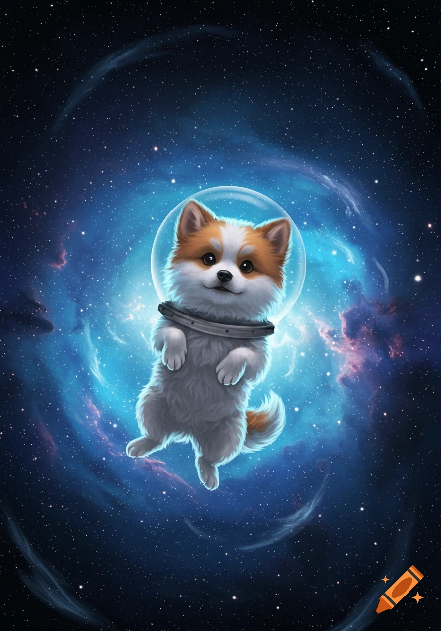 A cute cartoon dog wearing an astronaut suit floats in a vibrant pink ...