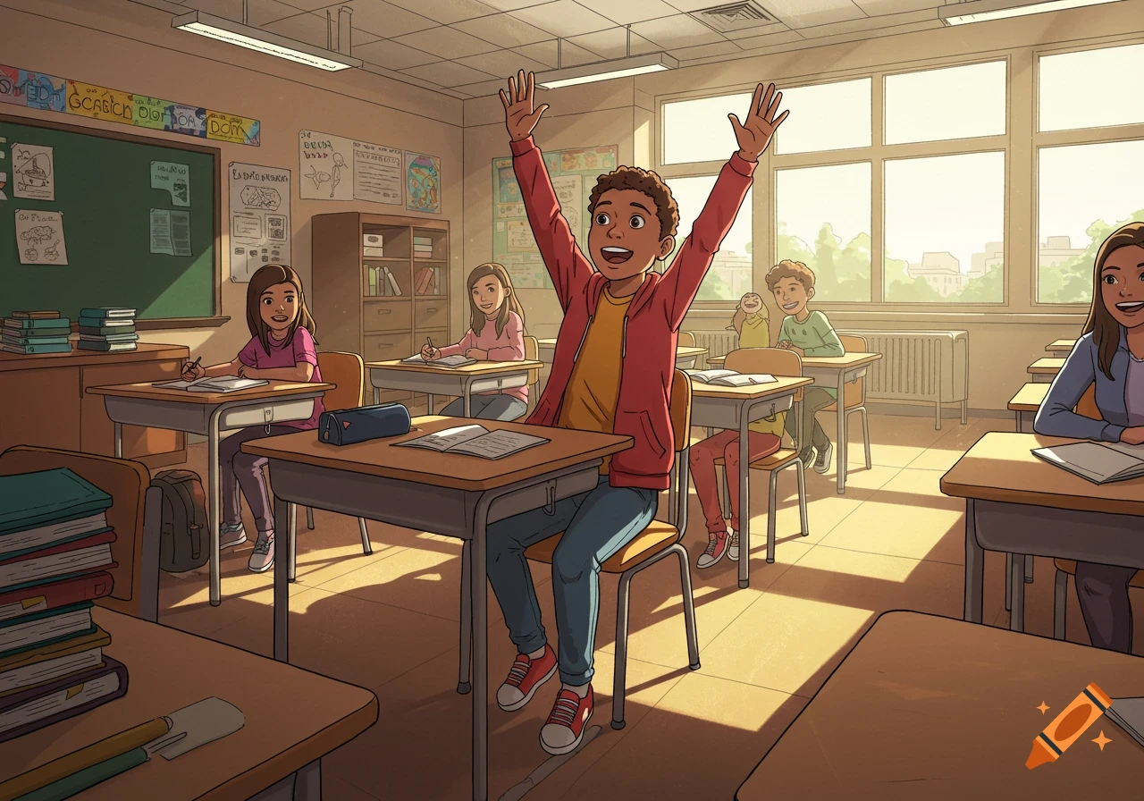 An illustration of a lively classroom scene with students and a teacher ...