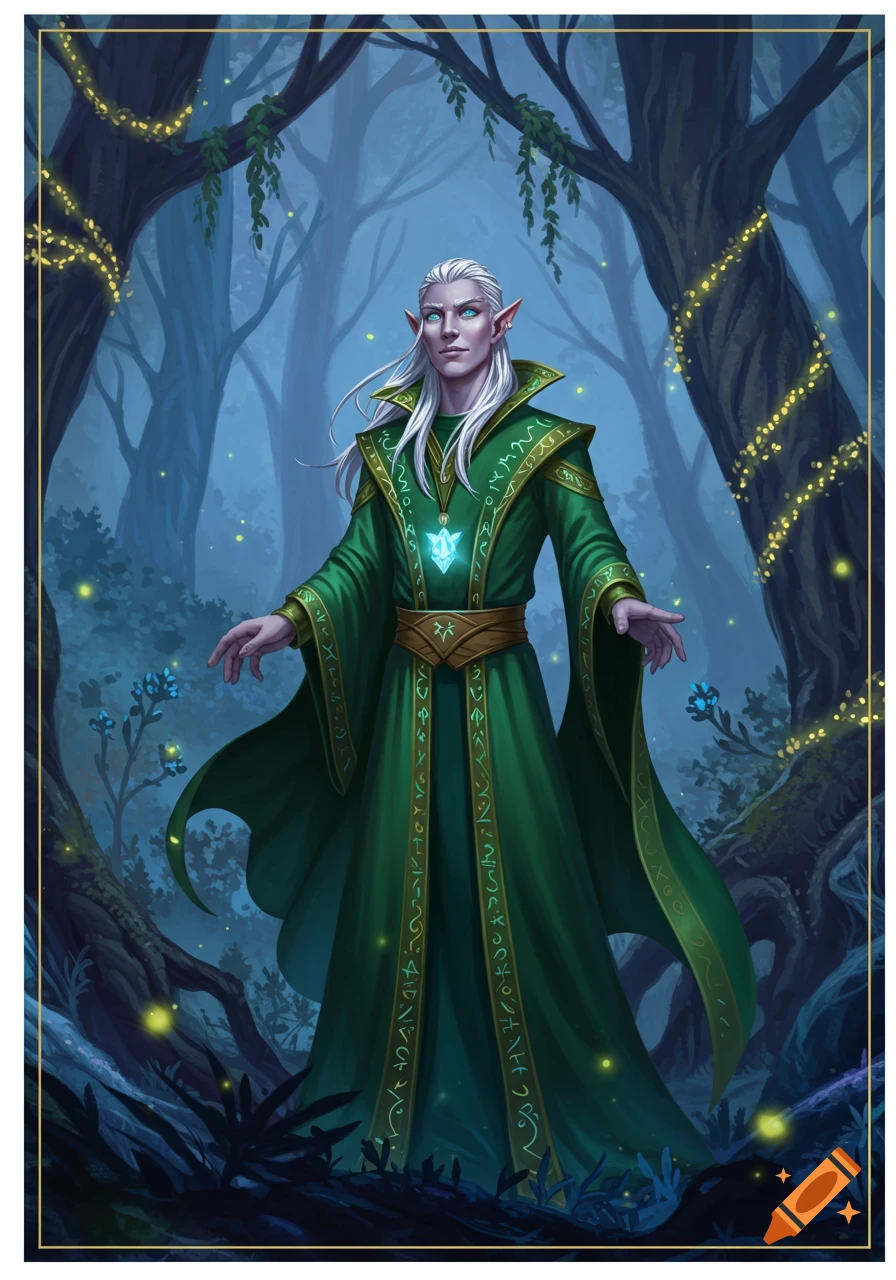 A male elf with white hair and pale skin, wearing a green robe with ...