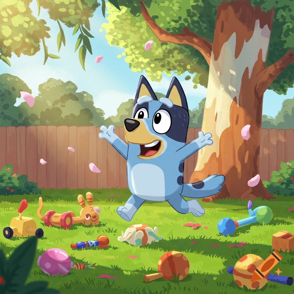 Bluey, Bingo, and Muffin cartoon dogs playing and jumping joyfully in a ...