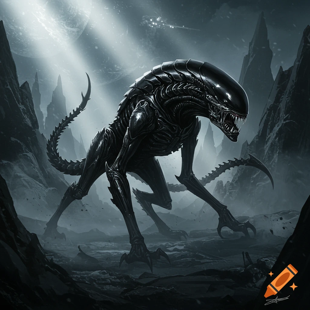 Neo traditional tattoo design of a blue-black Xenomorph Queen with ...