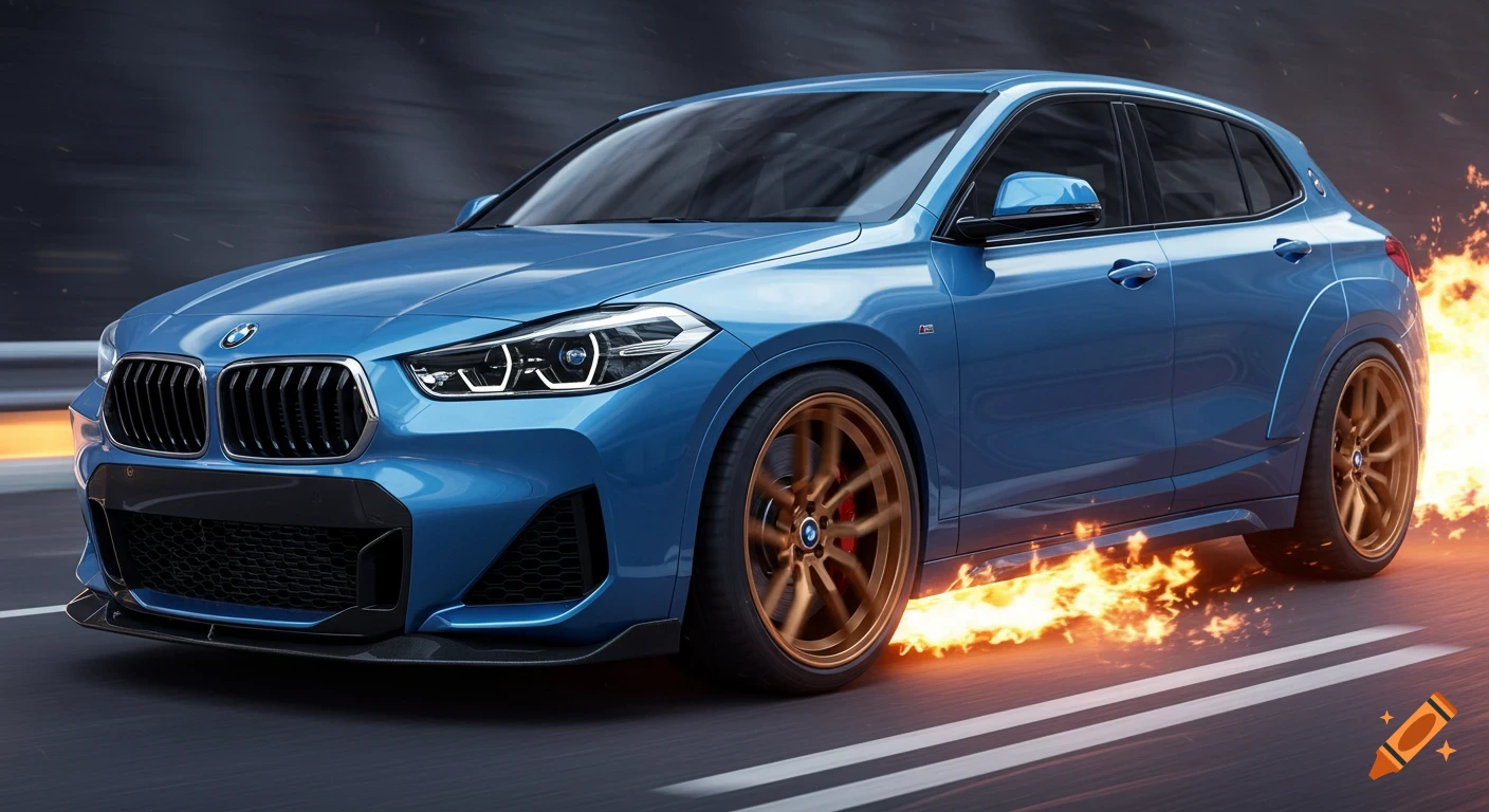 A silver Mazda 3 hatchback drives on a city street at dusk, with comic ...