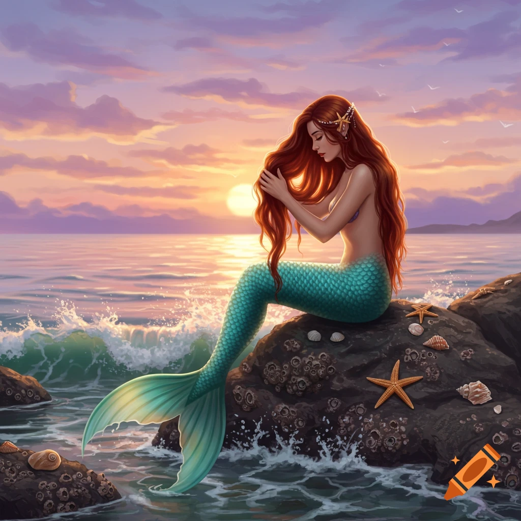 A purple-haired mermaid in a nighttime sea holds a glowing shell ...