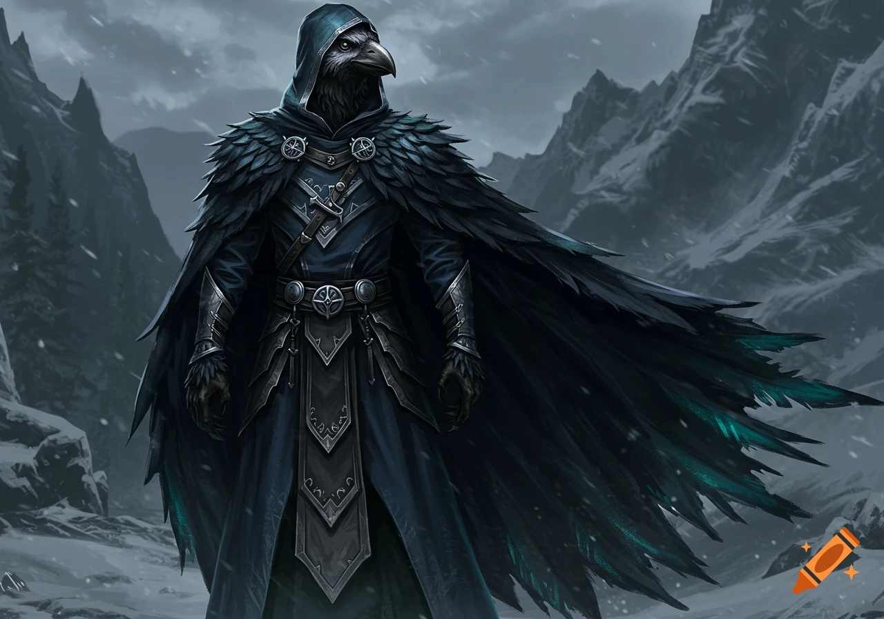 A fantasy Kenku Warlock in dark feathered robes stands in a snowy ...