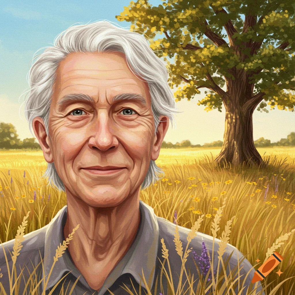 Illustrated portrait of an elderly man with white hair smiling in a ...