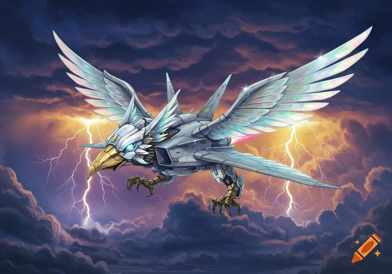 A highly detailed mecha-griffin aircraft with iridescent wings flies ...