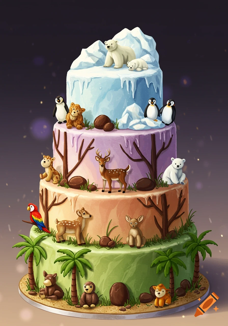 A whimsical tiered cake decorated with animal figurines from arctic ...