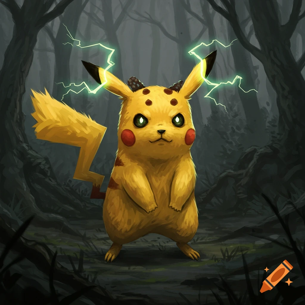 A dark fantasy Pikachu with green eyes and brown bumps, standing in a dark forest with lightning ...