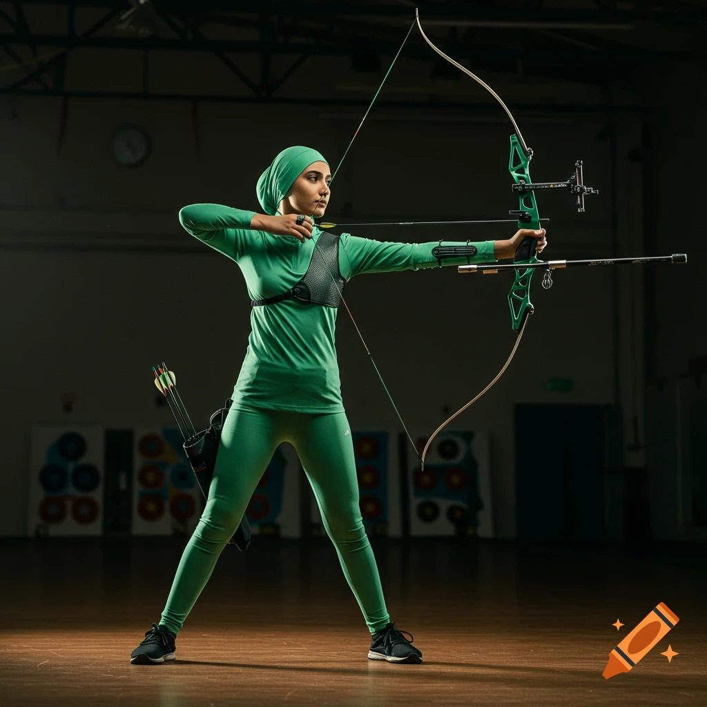 Photorealistic image of a Muslim woman archer in pistachio green ...