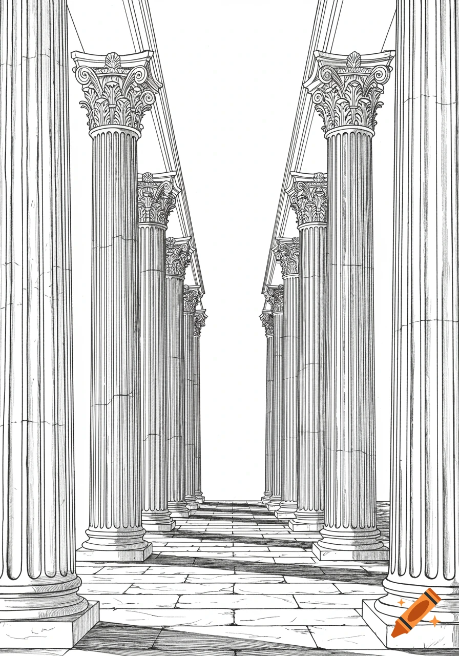 A black and white line drawing depicting a long hallway lined with ...