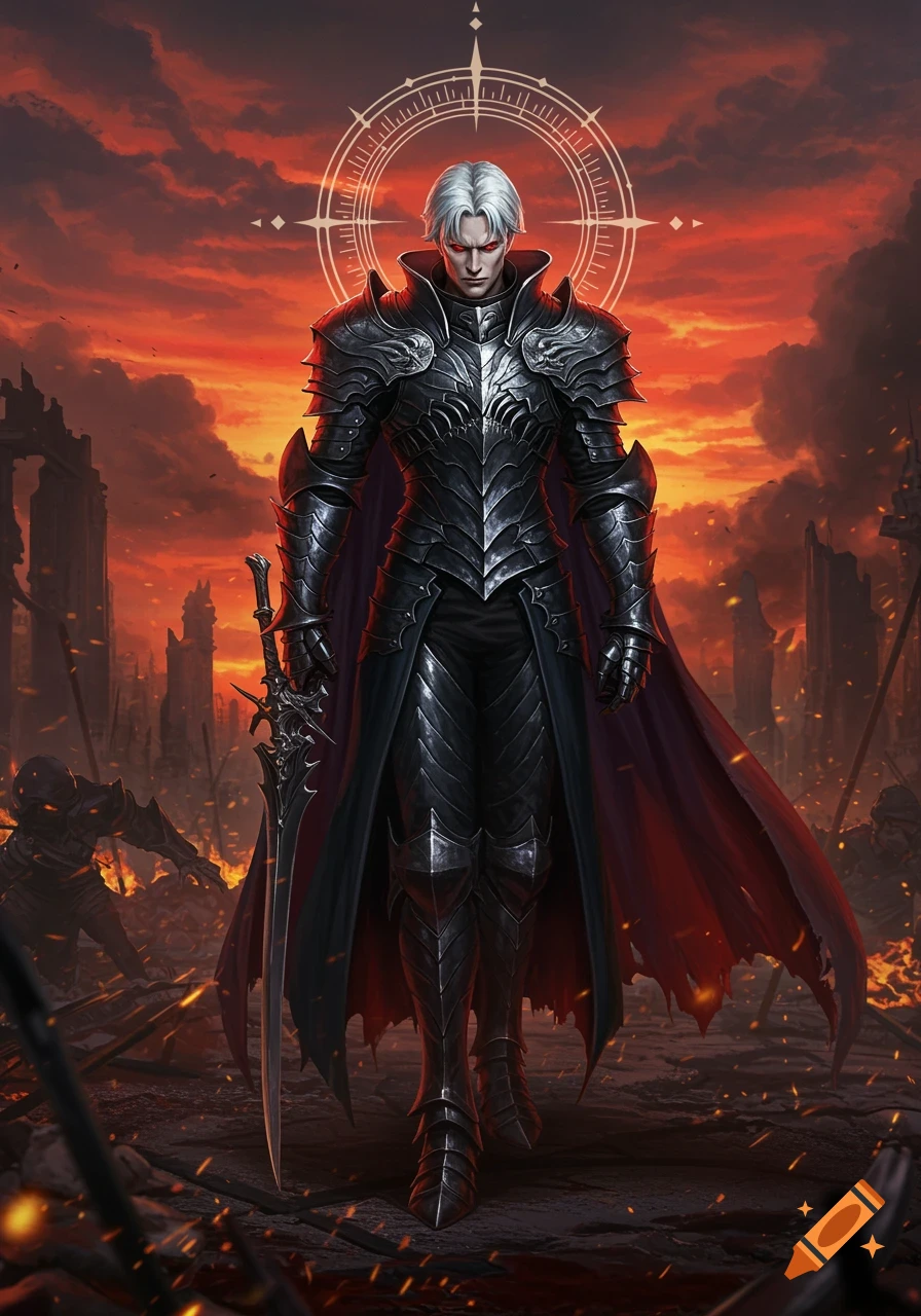A pale man with white hair and red eyes in dark armor and cape stands ...