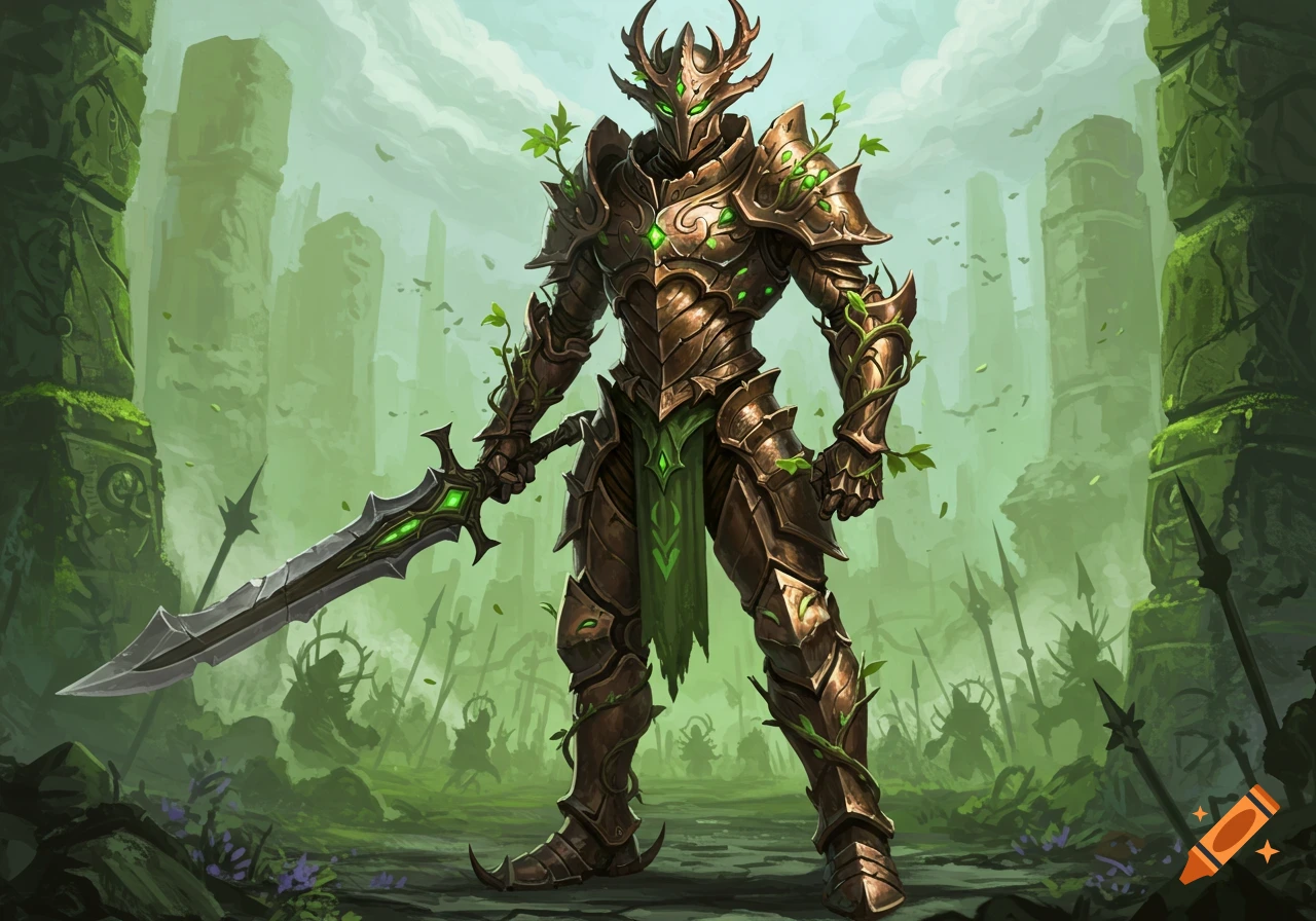 A fantasy warrior in ornate brown and green armor with vines, wielding ...