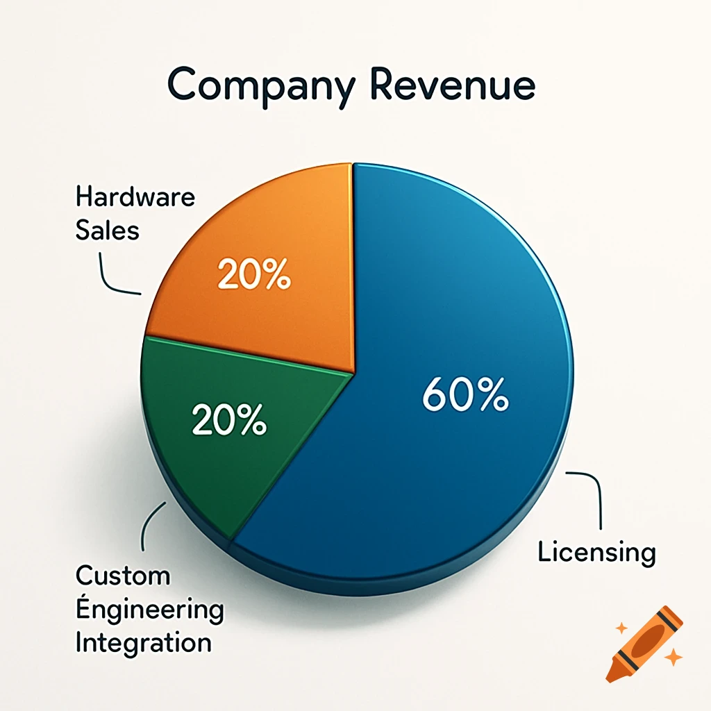 A 3D pie chart titled "Company Revenue" showing "Licensing" at 60% ...