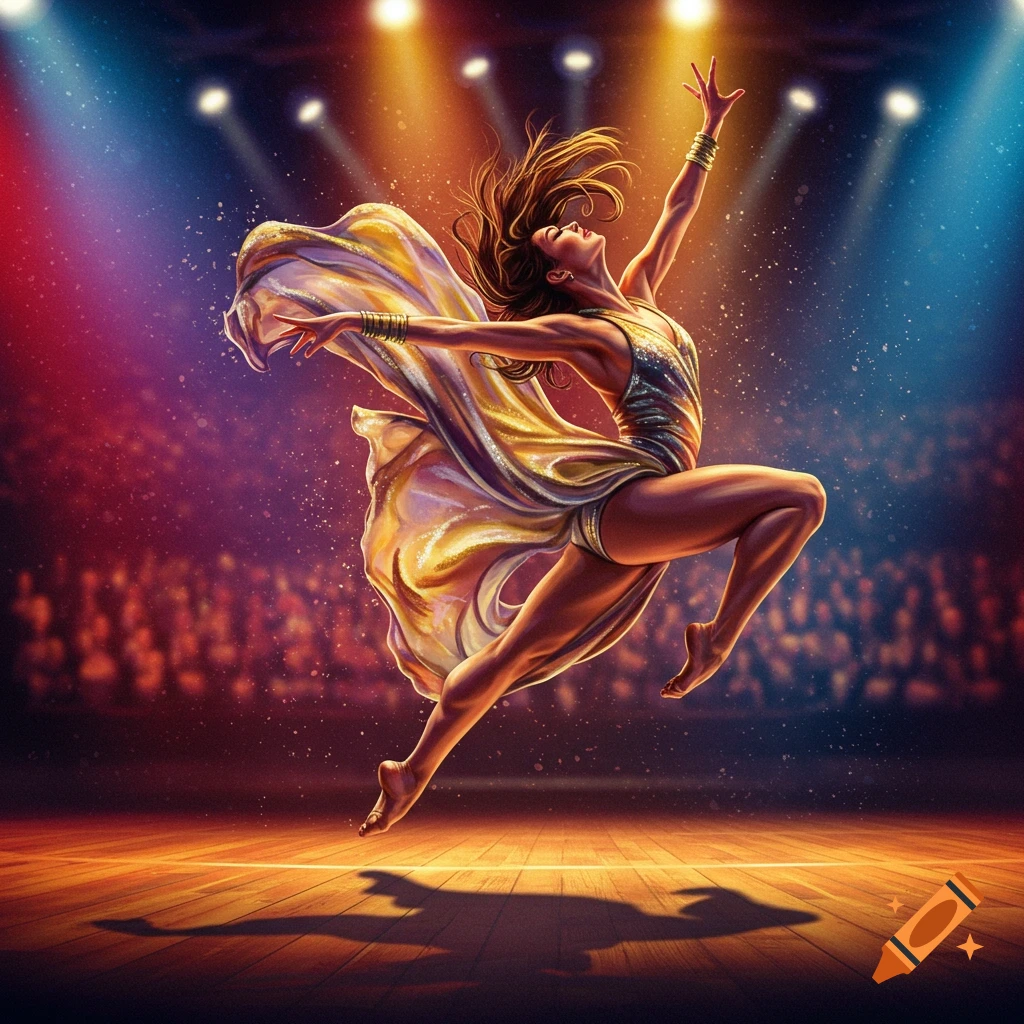 Two contemporary dancers performing on a spotlighted wooden stage ...