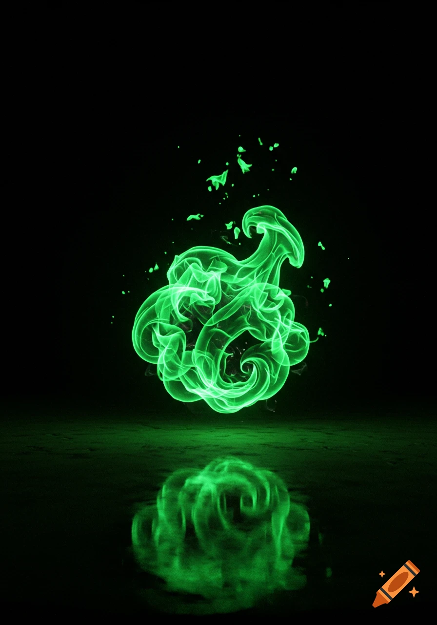 A tall column of vibrant green flame and smoke swirls elegantly upward ...