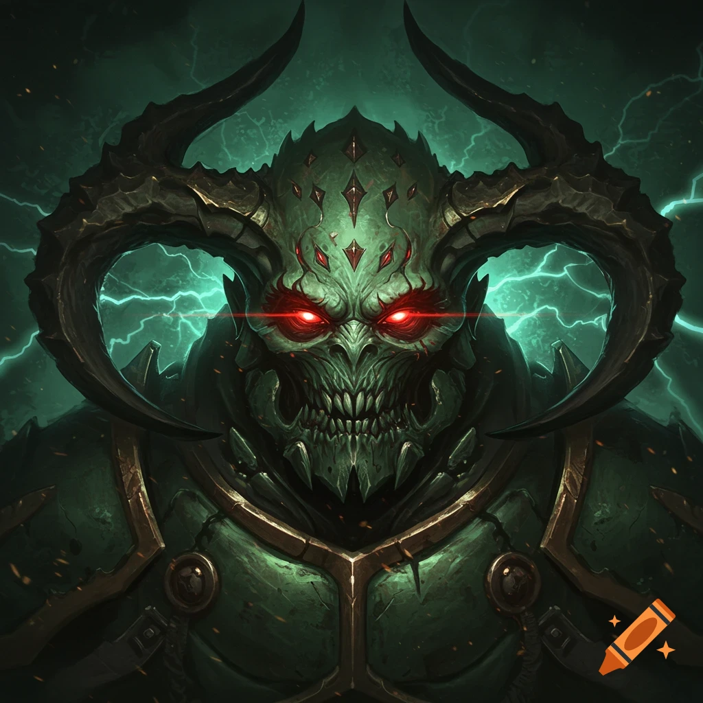 Dark and intriguing villain in mystical blue smoke and fire armor on ...