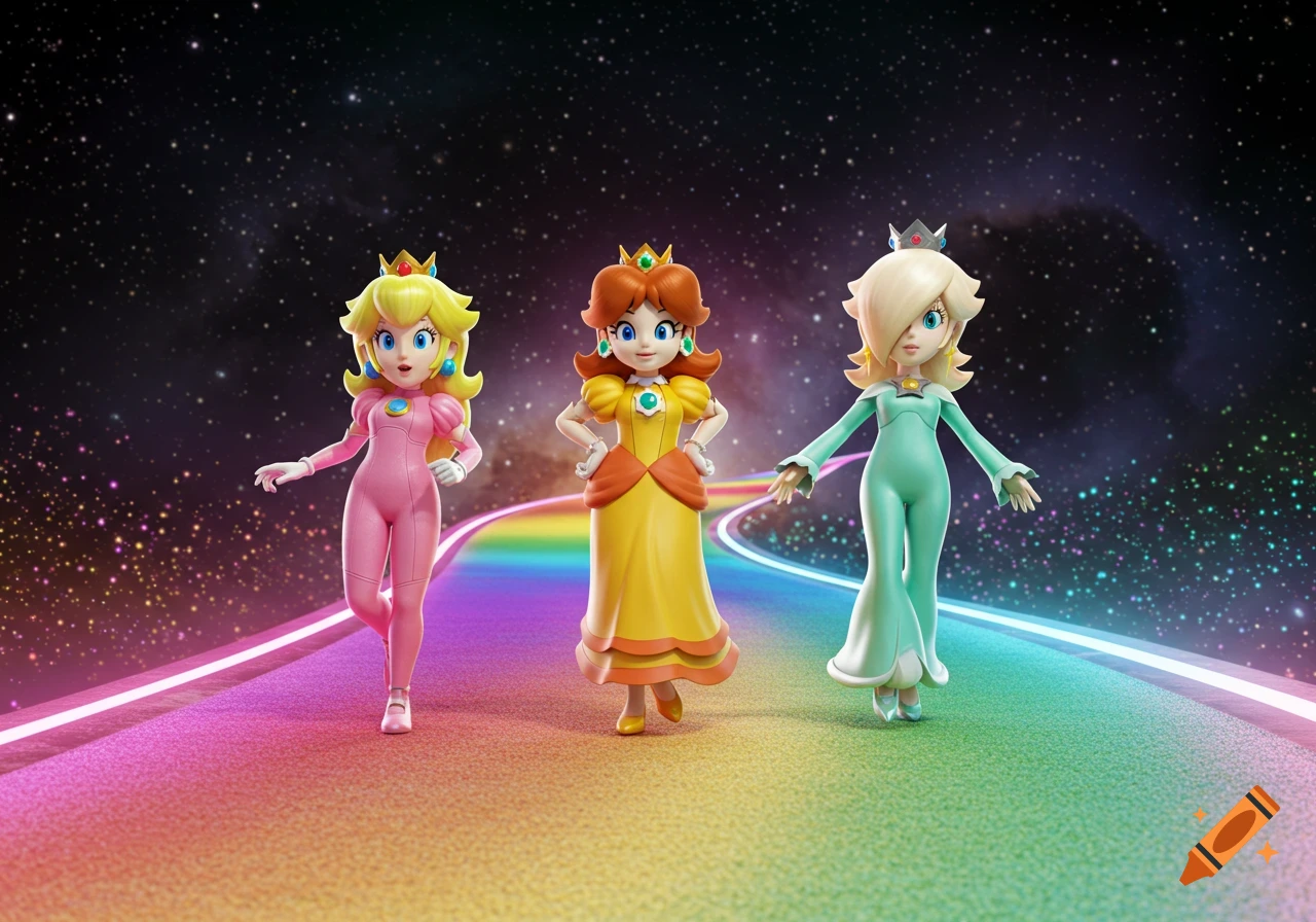 Princess Peach, Daisy, and Rosalina in full snow jumpsuits, walking on ...