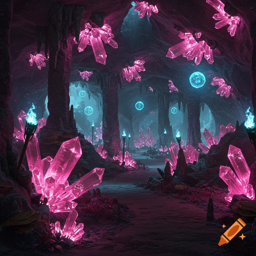 Fantastical anachronistic city within a dark cavern, with pink glowing ...