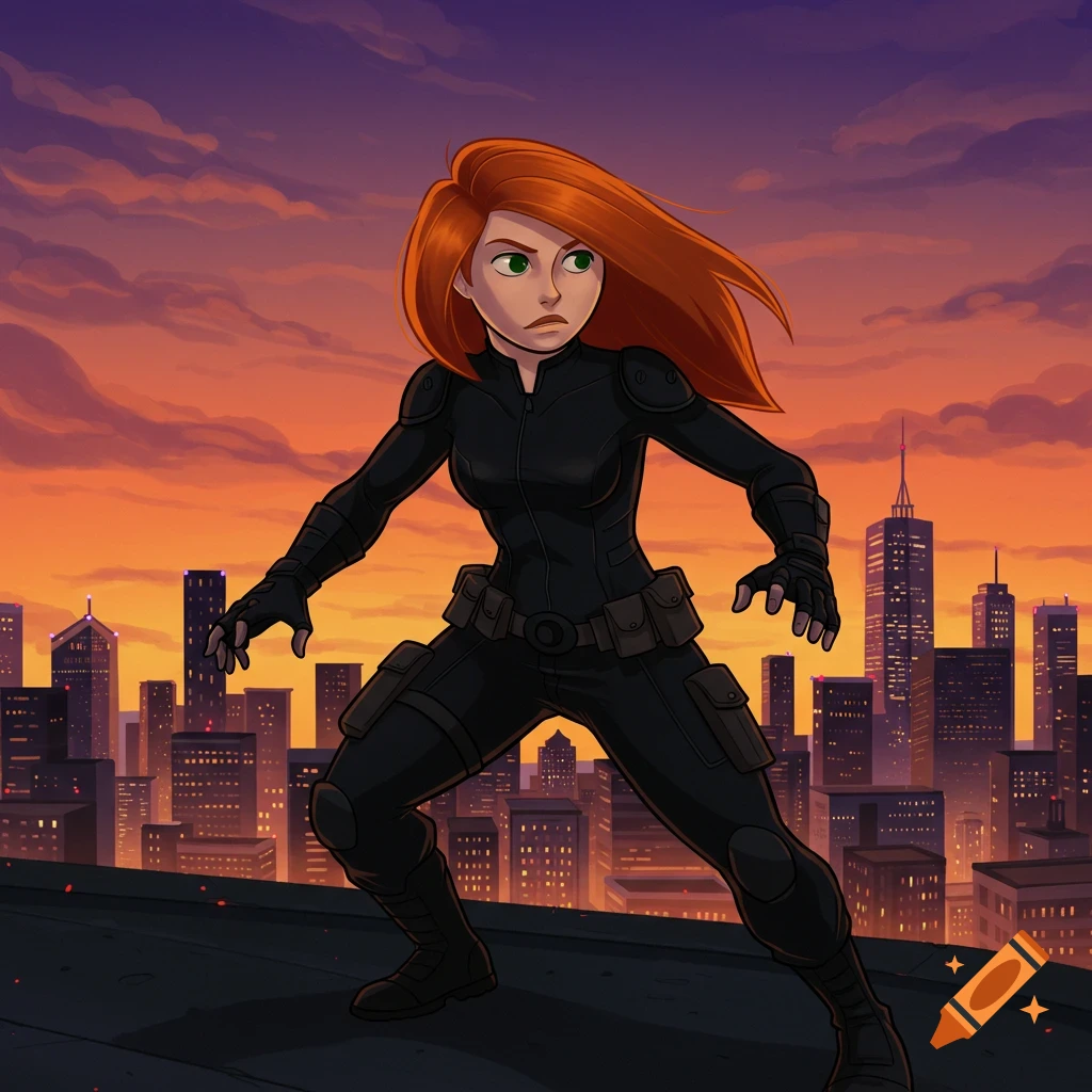 Cartoon art of Kim Possible in a black tactical suit on a city rooftop ...