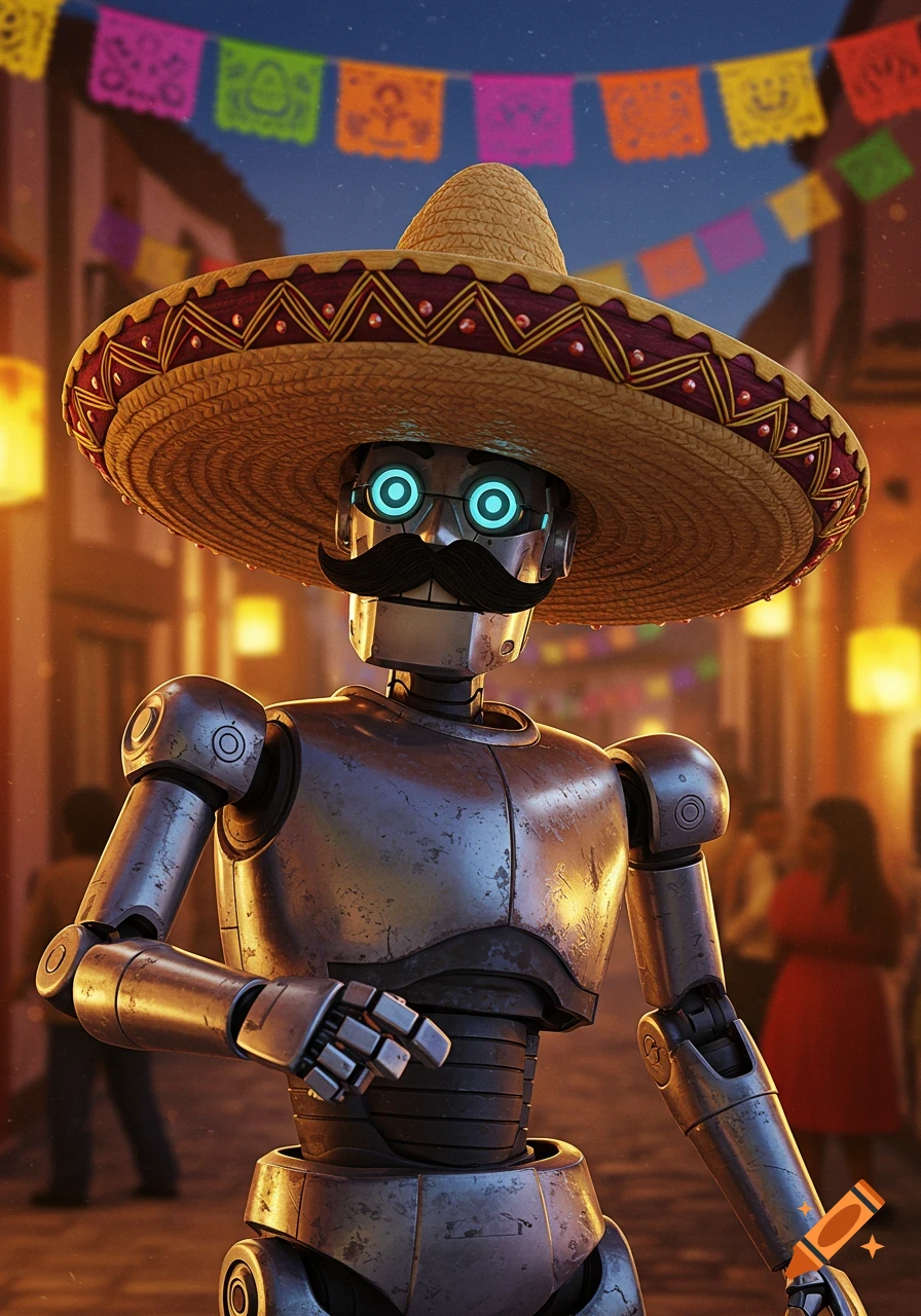 A photorealistic robot wearing a large sombrero and mustache stands on ...
