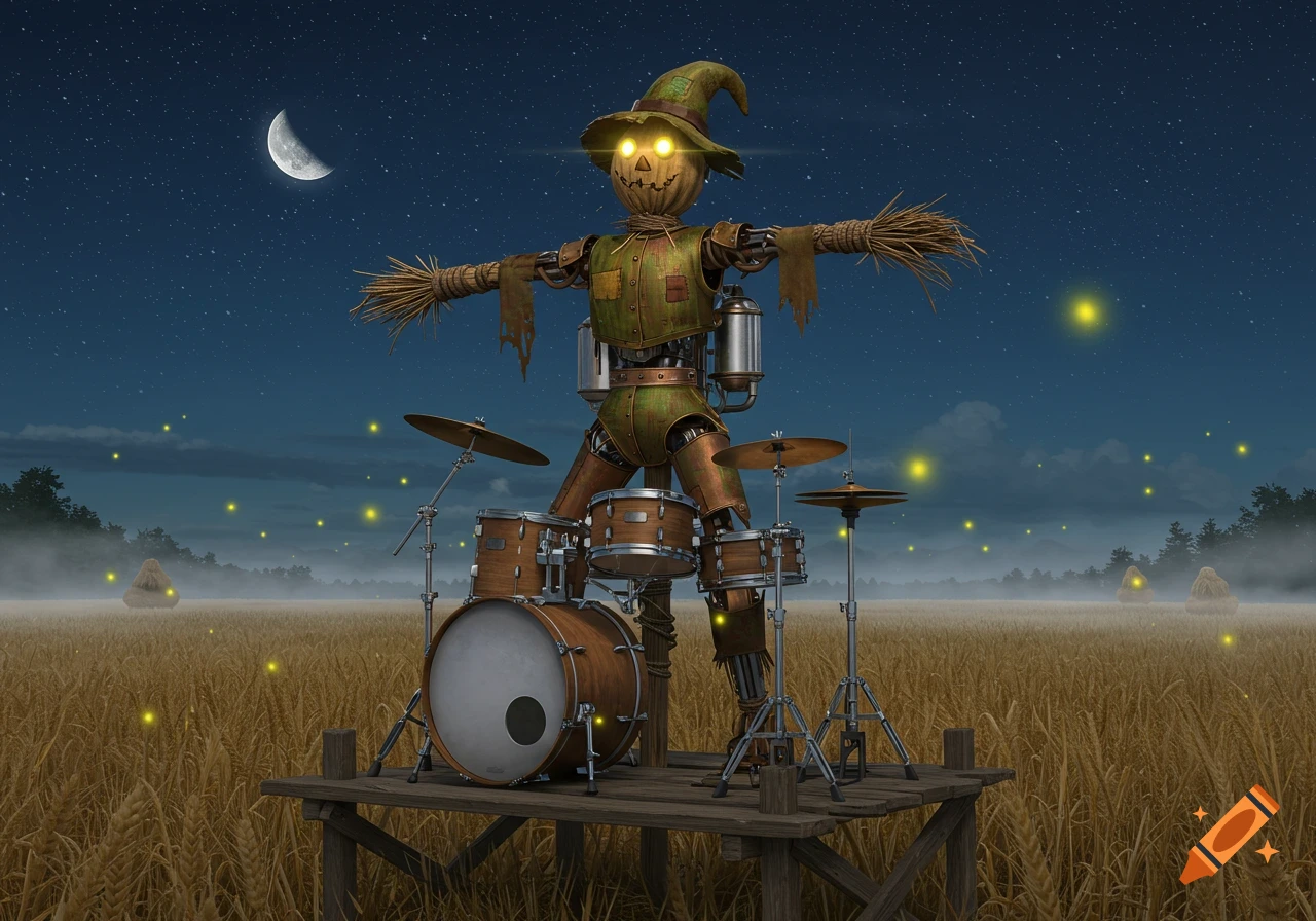A robotic scarecrow with glowing eyes plays drums on a platform in a ...