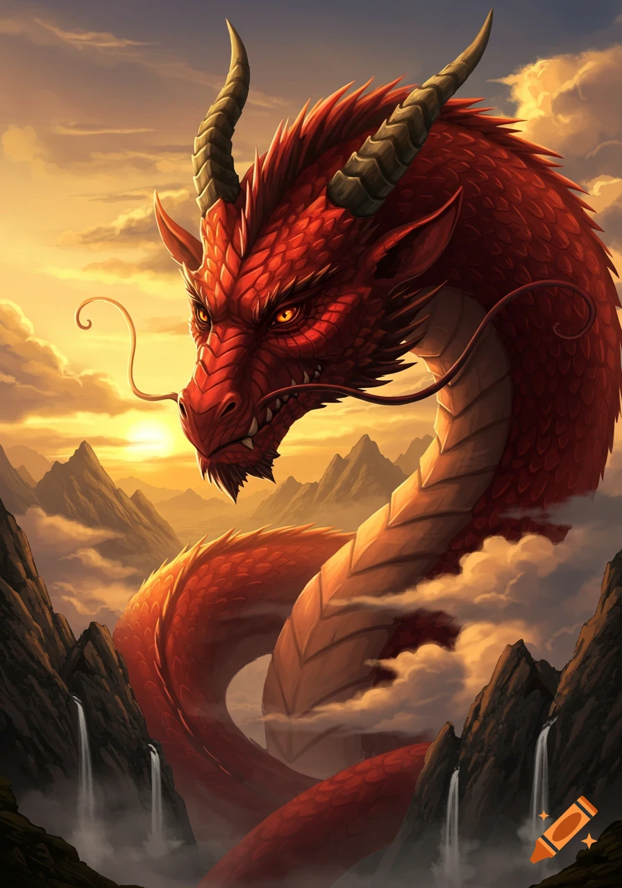A large red dragon with glowing eyes looms over misty mountains and ...