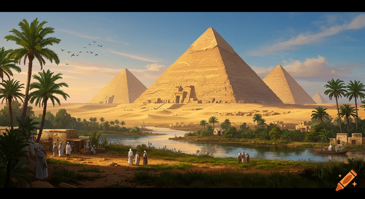 Ancient Egyptian landscape with large pyramids, a river, palm trees ...