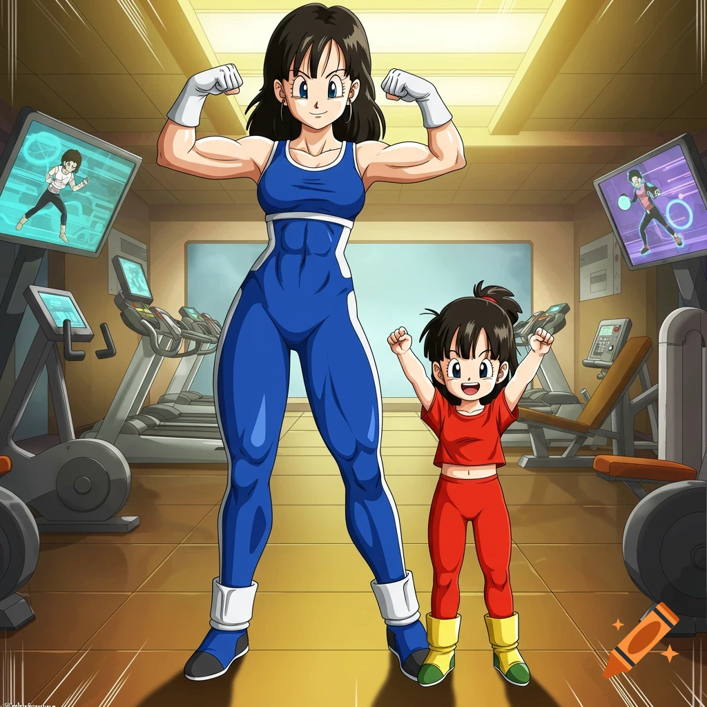 Videl and her daughter Pan flex their muscles in a gym, in a Dragon ...